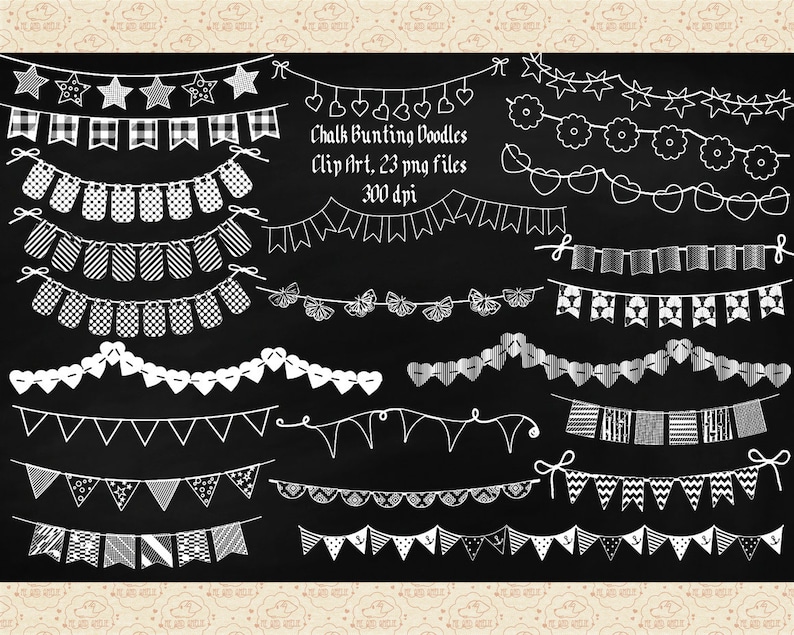 Chalk Bunting Doodles Clipart, Chalkboard Clipart, Chalk Banner Clip ...