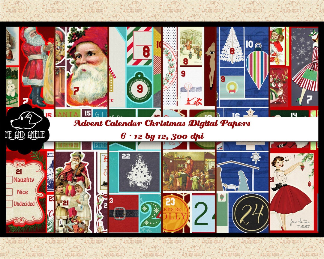 Retro Christmas Advent Calendar Digital Papers, Collage Ephemera ...