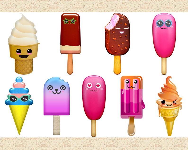 Kawaii Ice Cream Clip Art Cute Popsicles Sundae Clip Art - Etsy