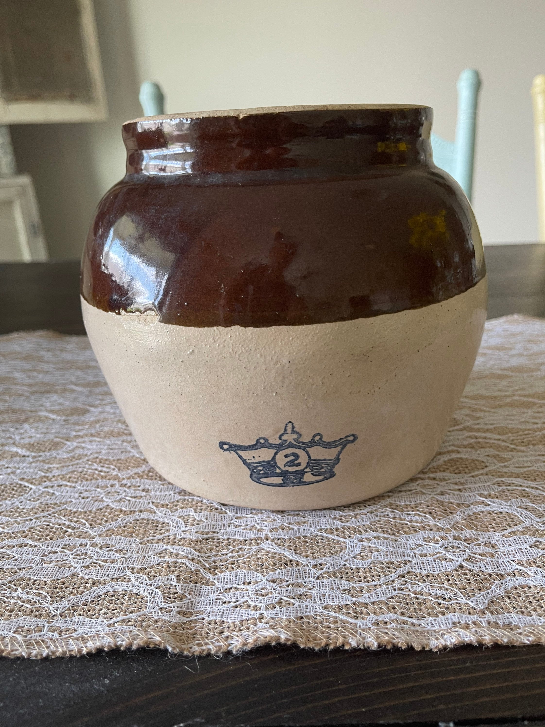 Vintage Bean Pot With Blue Stamp Vintage Stoneware With Marking Old ...