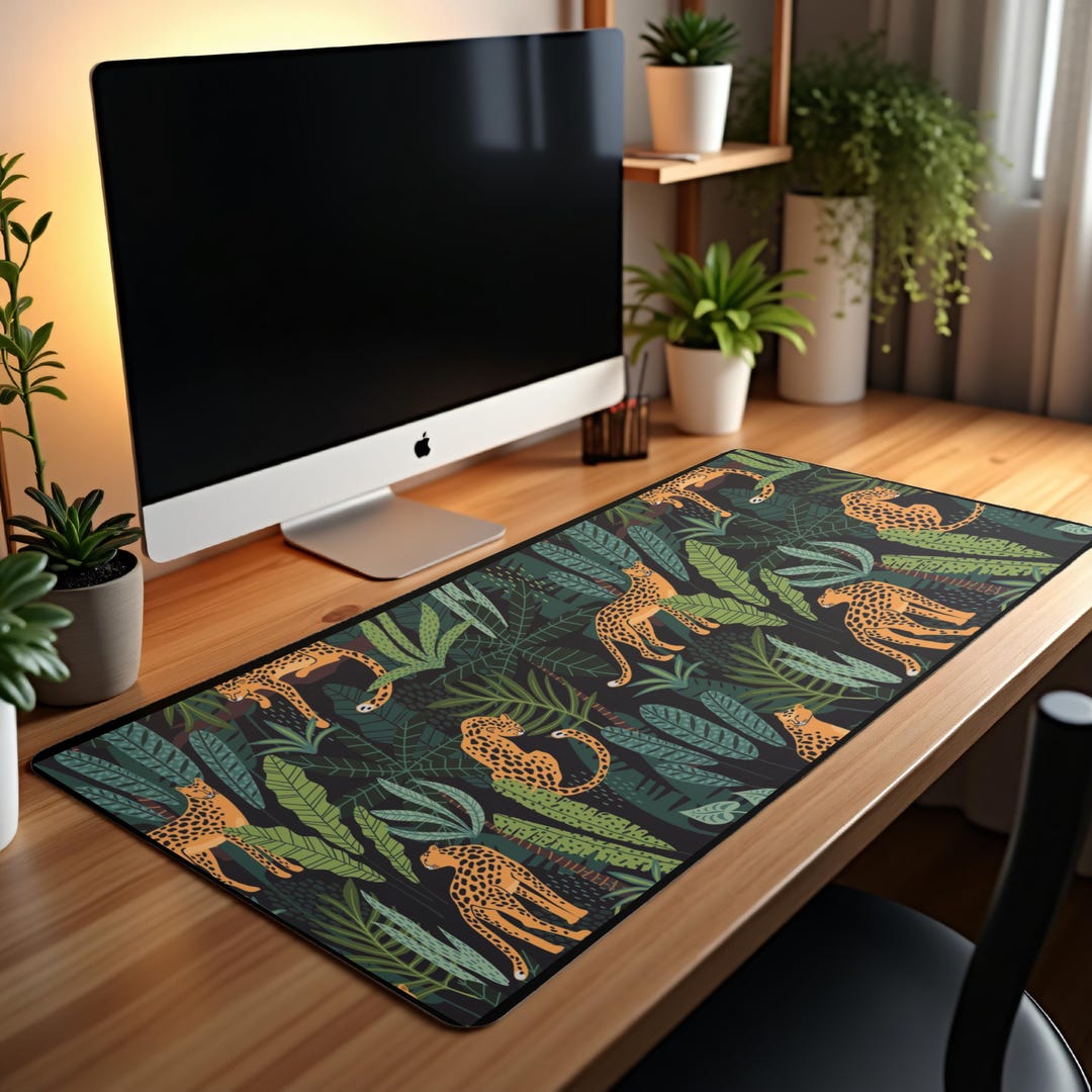 Cheetah Jungle Green Desk Mat, Mouse Pad for Office, Floral Desk ...