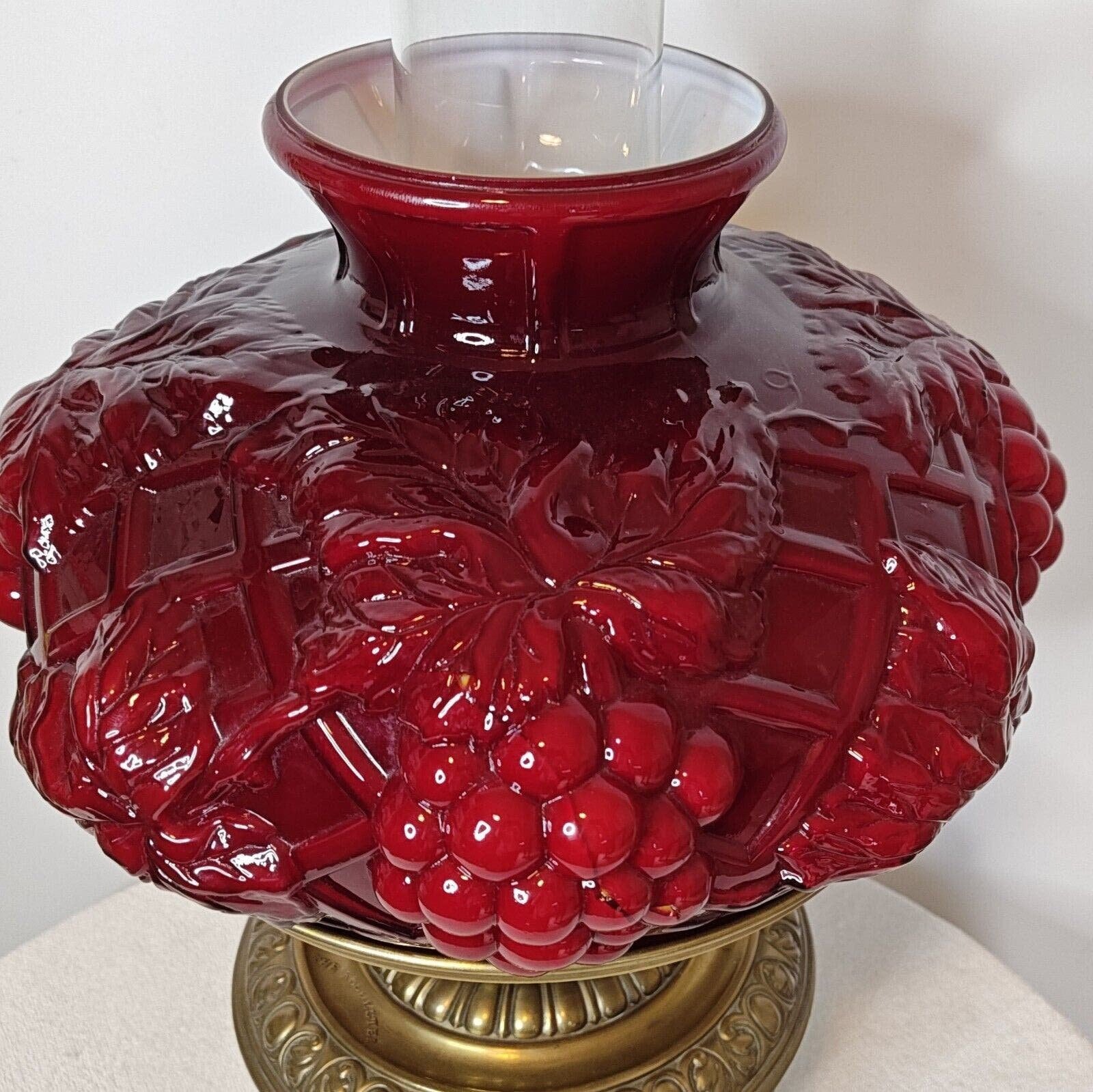 Antique Rochester Brass Kerosene Oil Lamp Converted Ruby Red Grape ...