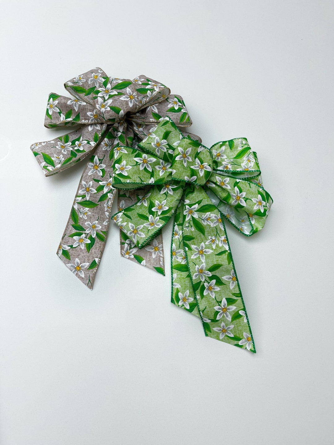 Floral Wired Ribbon Bow: Lime Green & Natural Wreath Attachment - Etsy