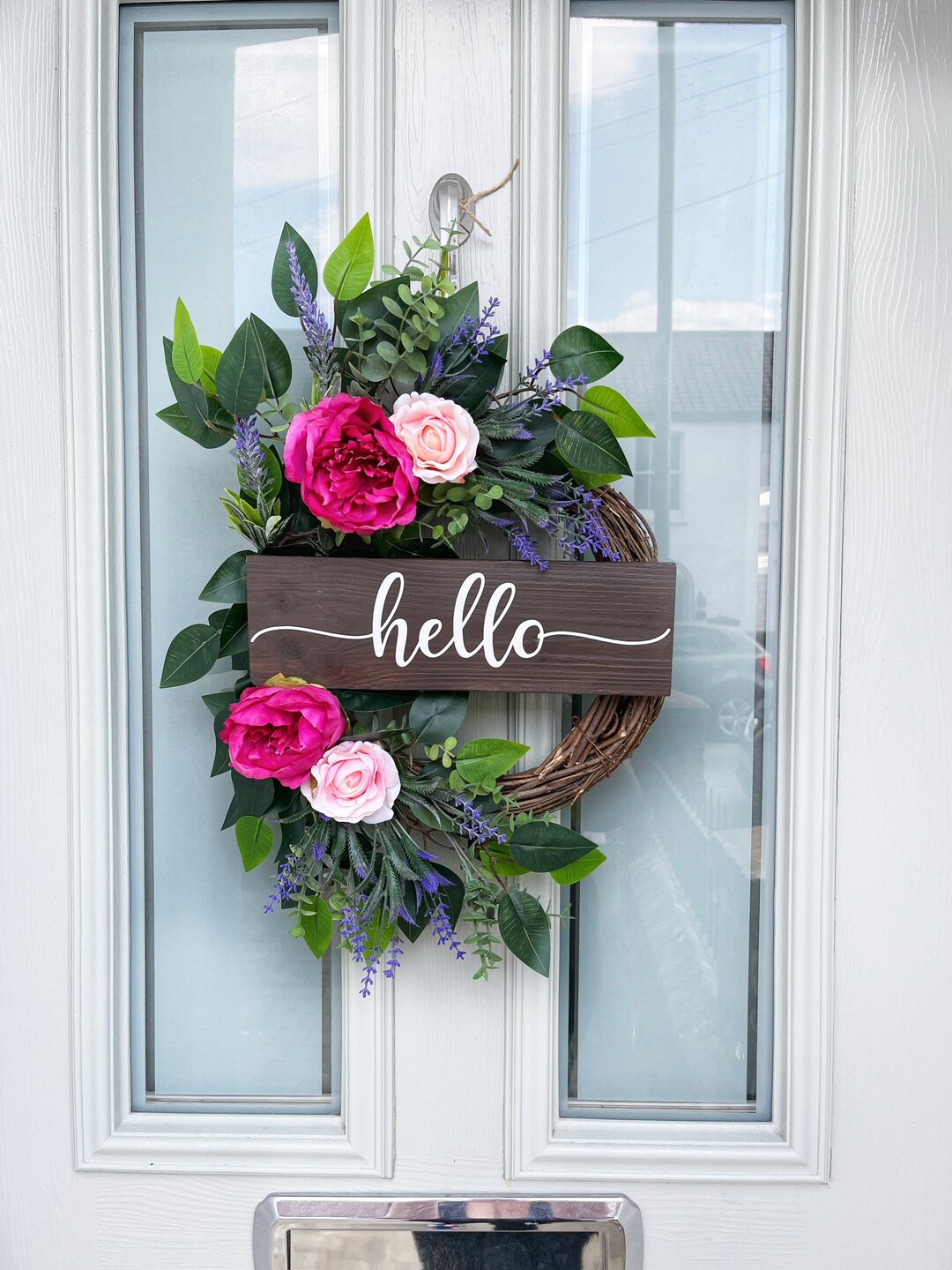 Spring Door Wreath: Pink Peonies, Roses & Hello Sign - Etsy