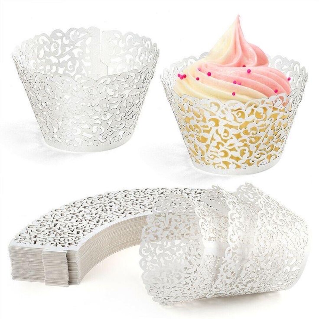 6 or 12 Cupcake White Wrappers Laser Cut Pearlised Paper Muffin Wrapper ...