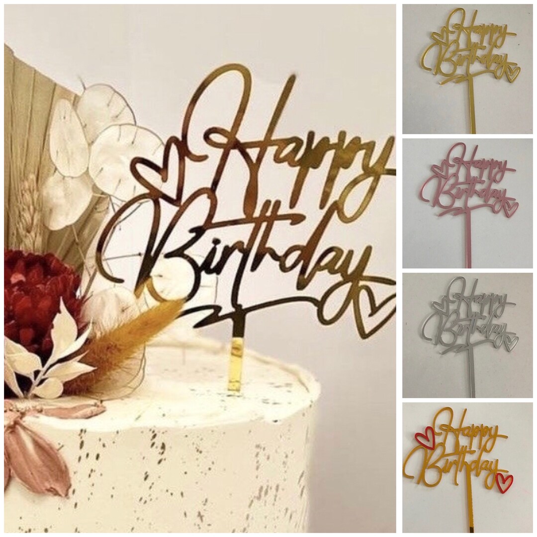 Happy Birthday Double Heart Cake Topper | 4 Colours | Acrylic | Rose ...
