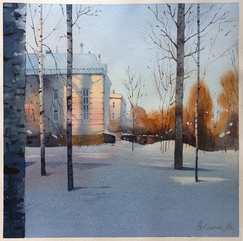 Winter Painting House Original Art Snow Watercolor Trees Sunset Wall ...