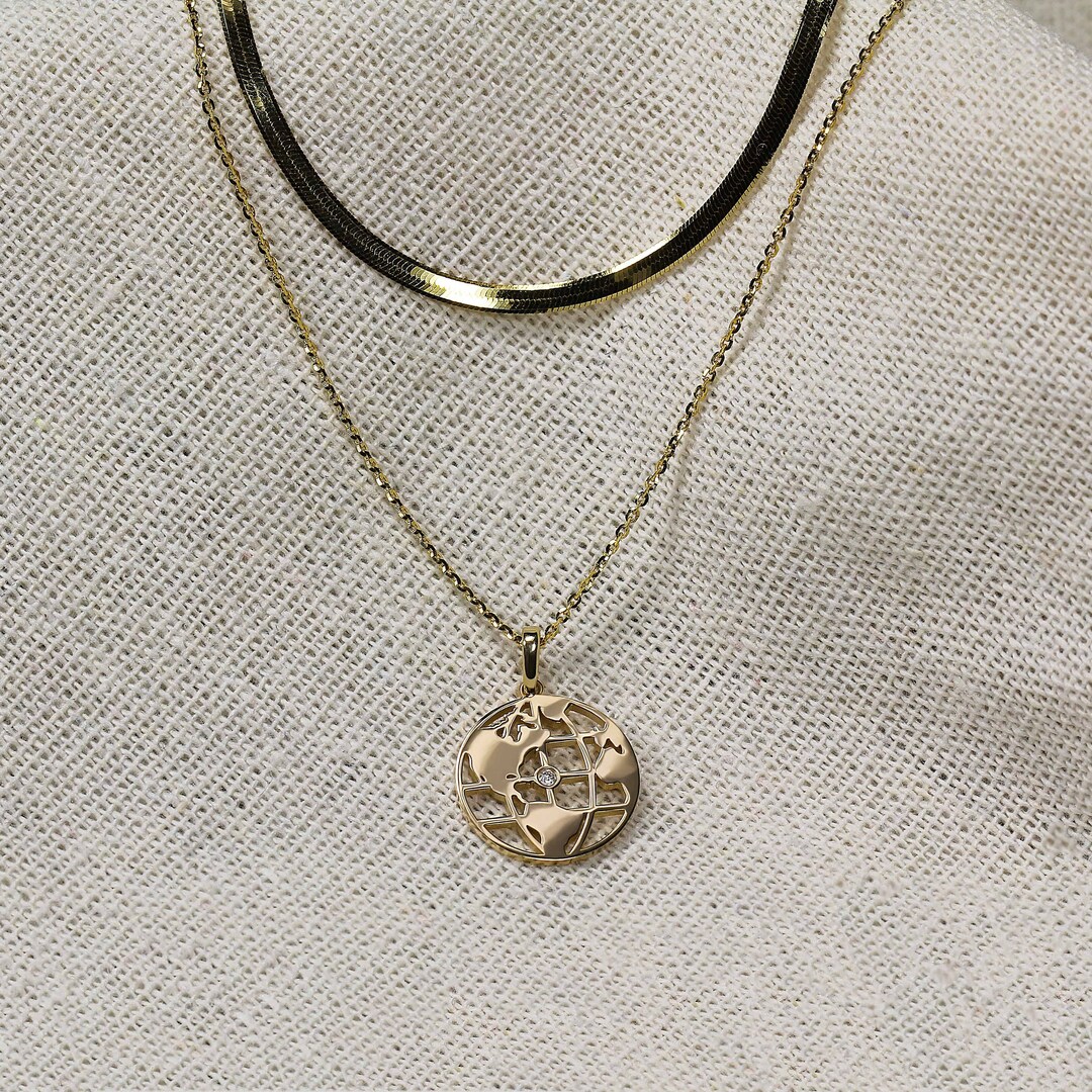 Gold World Map Pendant 14 Karat Solid Gold With Optional Gold Chains ...