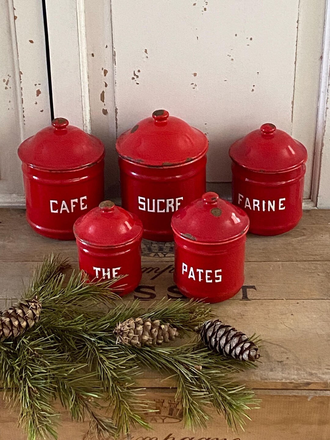 French Enamel Canisters in Red Enamel From the 1950’s. Charming Set of ...