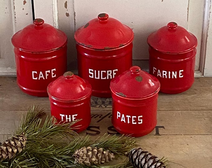 French Enamel Canisters in Red Enamel From the 1950’s. Charming Set of ...