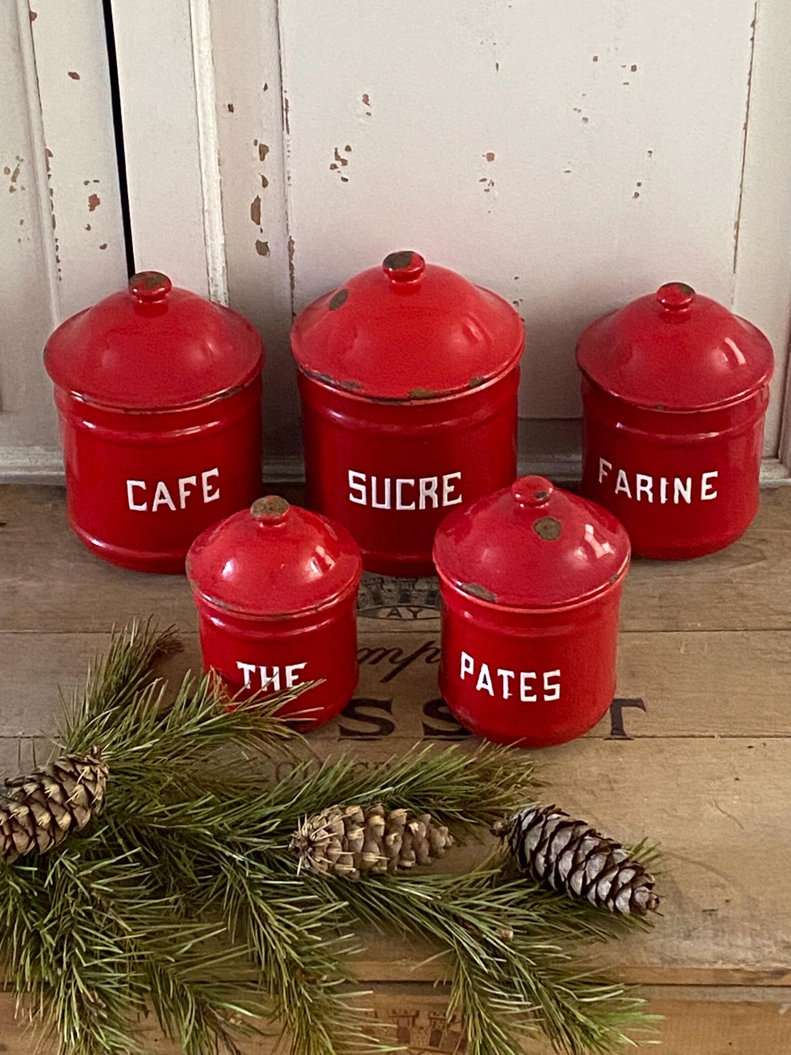 French Enamel Canisters in Red Enamel From the 1950’s. Charming Set of ...