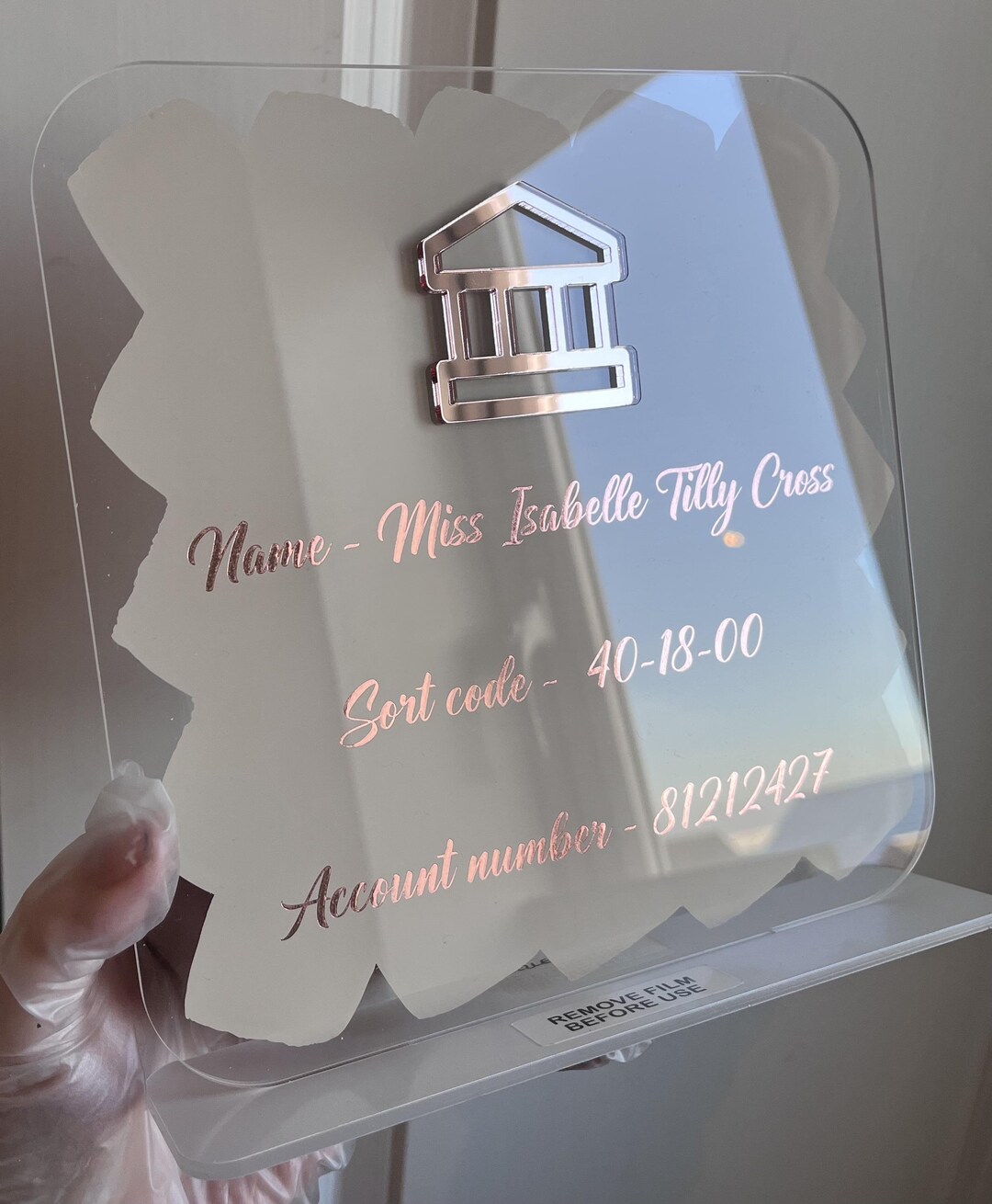 Personalised Acrylic Bank Details Sign and Stand| 3D Mirror Icon ...