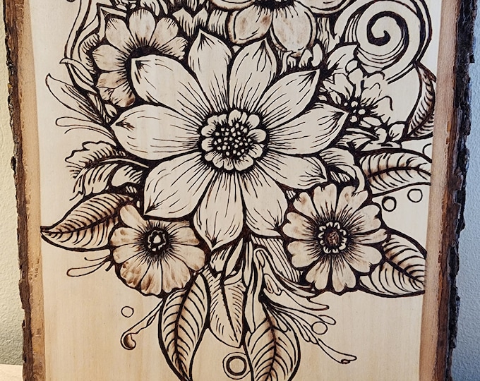 Woodburning of Flowers on a Live Edge Slab Floral Art - Etsy