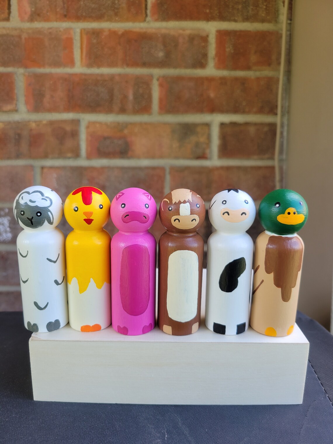 Farm Animal Peg Dolls 3.5" . Set of 6 Duck, Pig, Chicken, Cow, Sheep ...