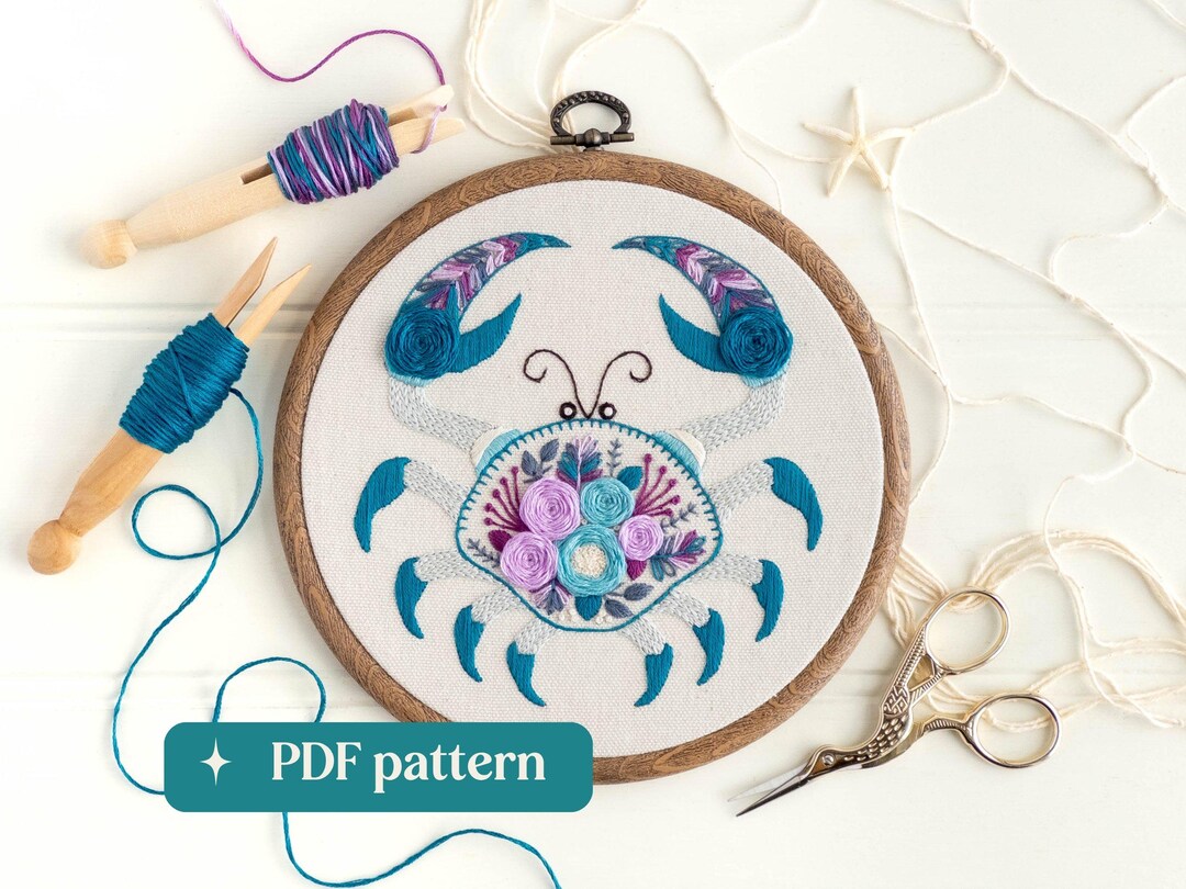 Cancer the Crab Hand Embroidery Pattern, Floral Zodiac Design, DIY 6 ...