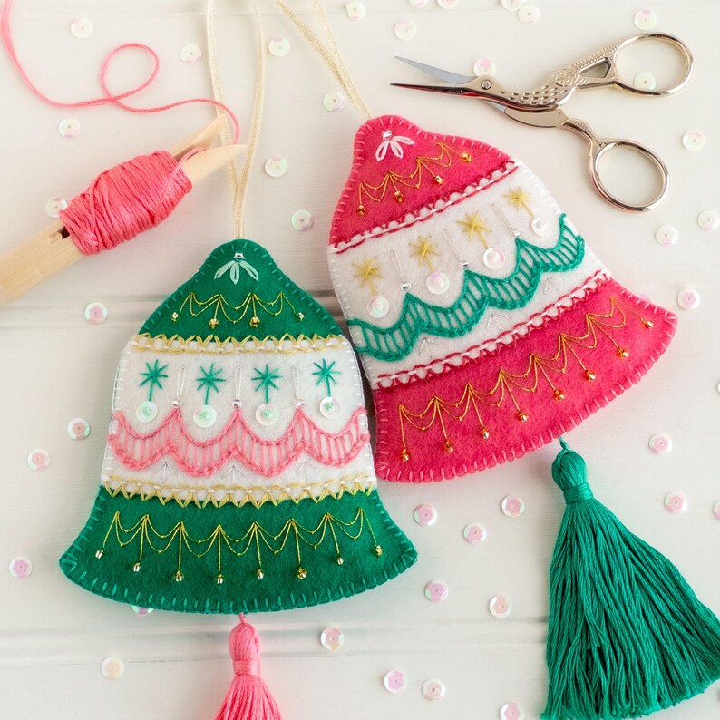 Felt Christmas Bells Embroidery Pattern, Set of Six DIY Holiday ...