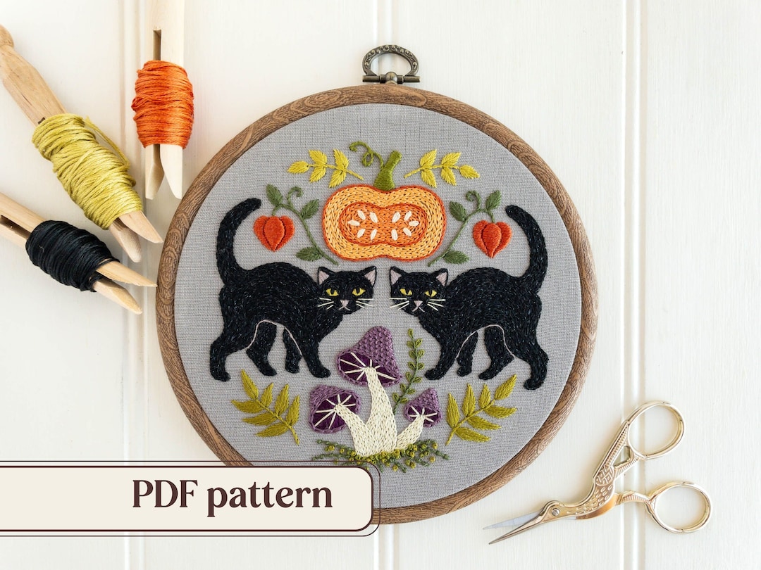 Halloween Cats Embroidery Pattern, Hand Embroidery PDF Pattern ...