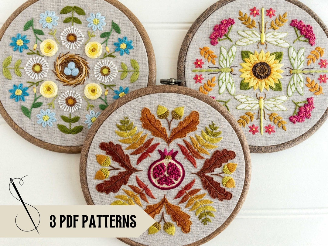 Seasonal Embroidery Pattern Bundle, Spring, Summer, and Autumn Trio ...