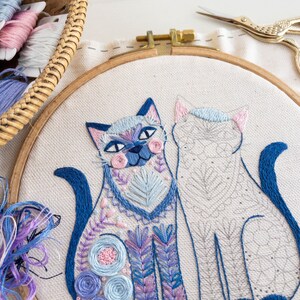 Cool Cats Hand Embroidery Pattern, Twin Cats Embroidery Design, Modern ...