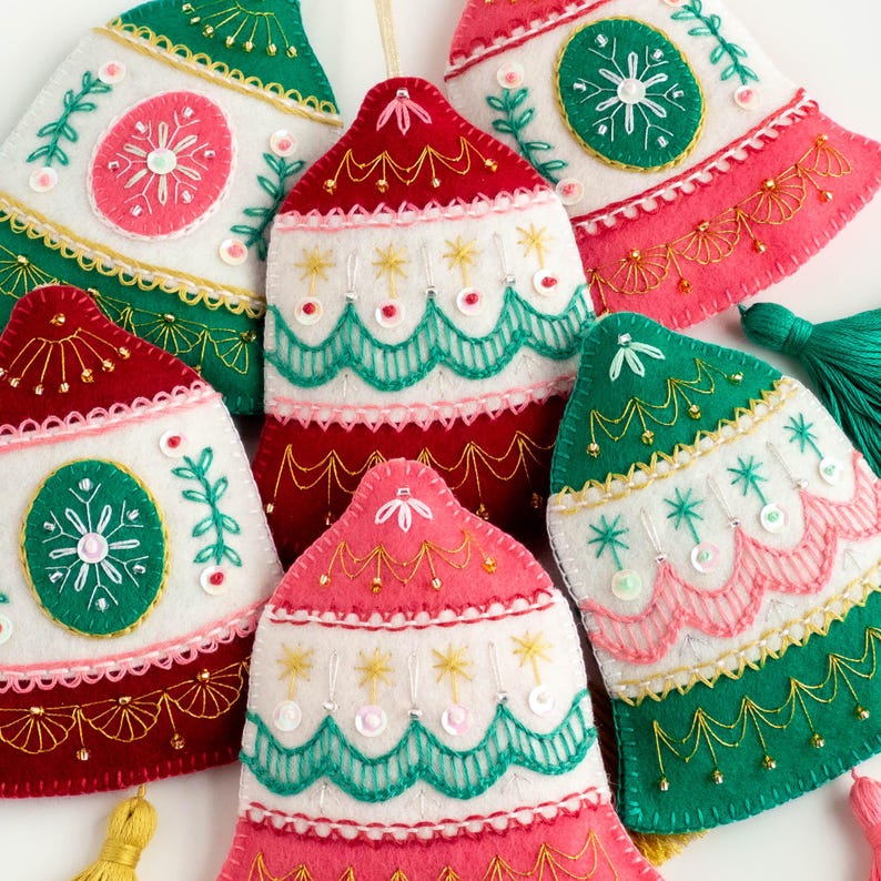 Felt Christmas Bells Embroidery Pattern, Set of Six DIY Holiday ...