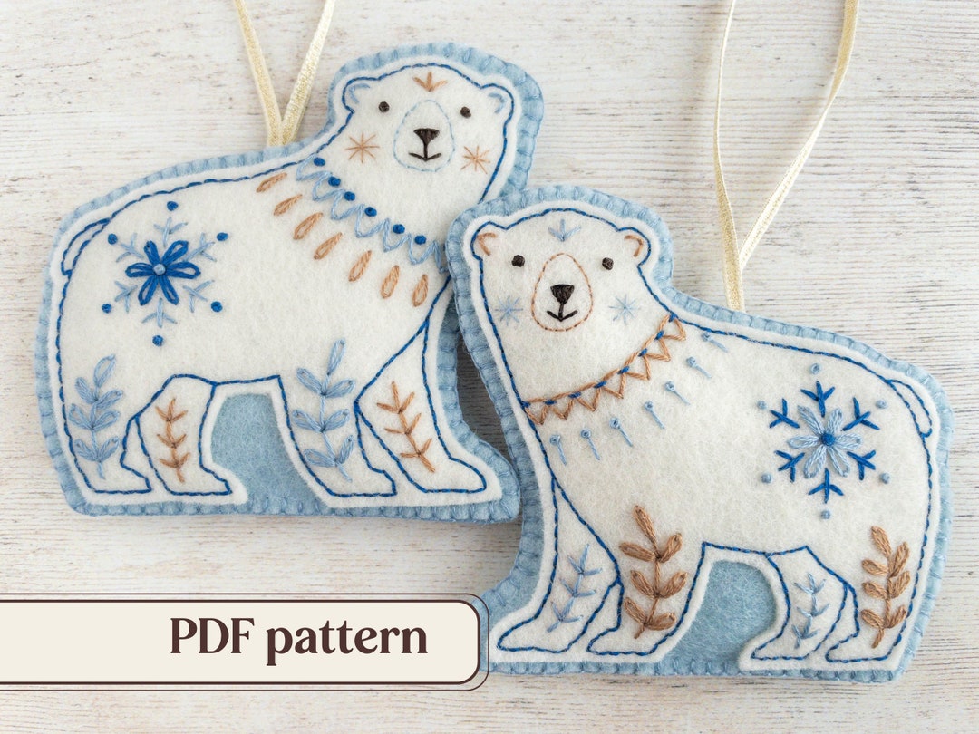Felt Polar Bears Embroidery Pattern, DIY Holiday Ornaments, Wool Felt ...
