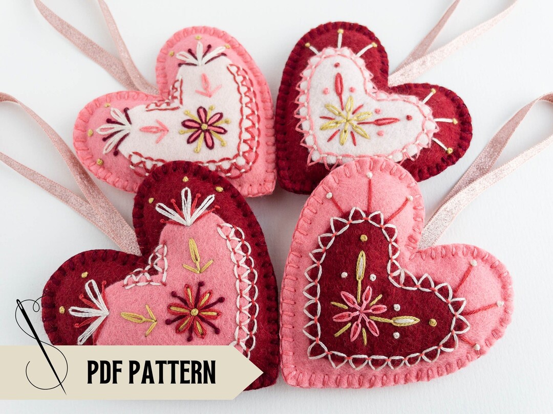 Embroidered Felt Hearts PDF Pattern, DIY Heart Ornaments, Valentines ...