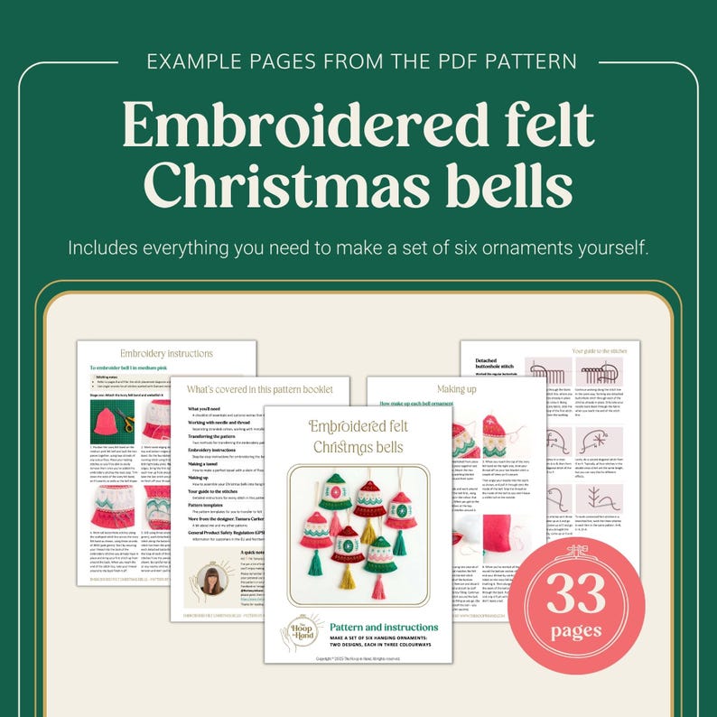 Felt Christmas Bells Embroidery Pattern, Set of Six DIY Holiday ...