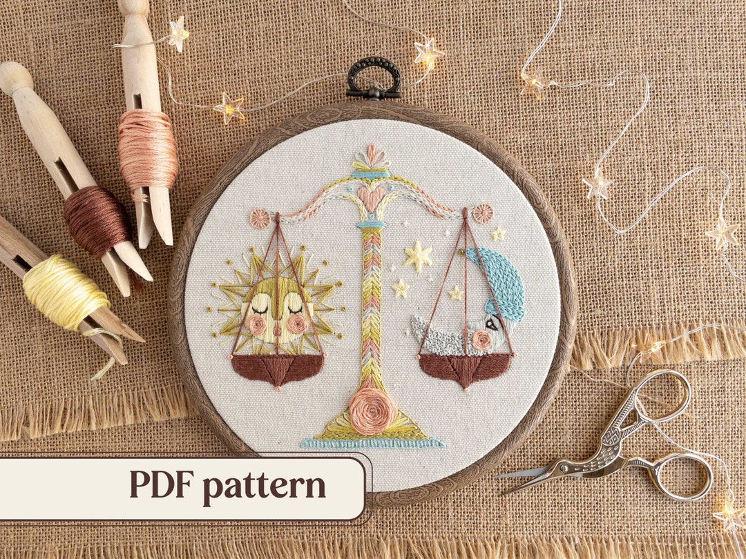 Libra Hand Embroidery PDF Pattern, Star Sign Embroidery Design, DIY ...