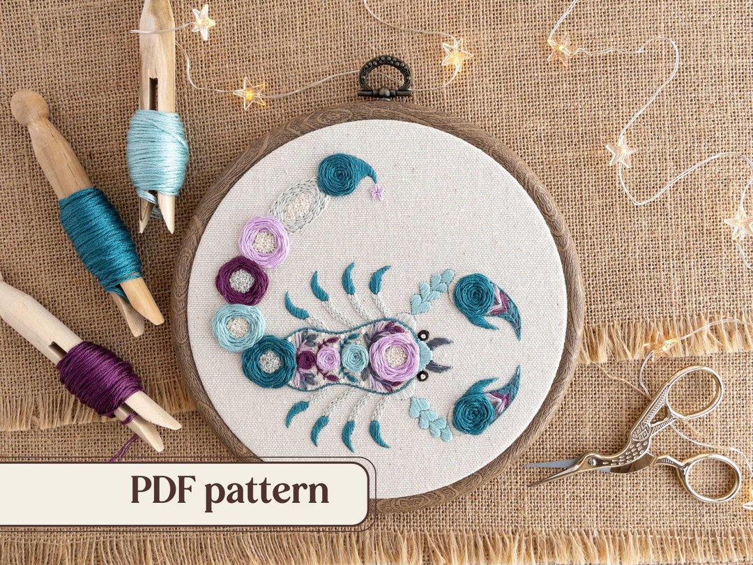 Scorpio Hand Embroidery PDF Pattern, Floral Scorpion Embroidery Design ...