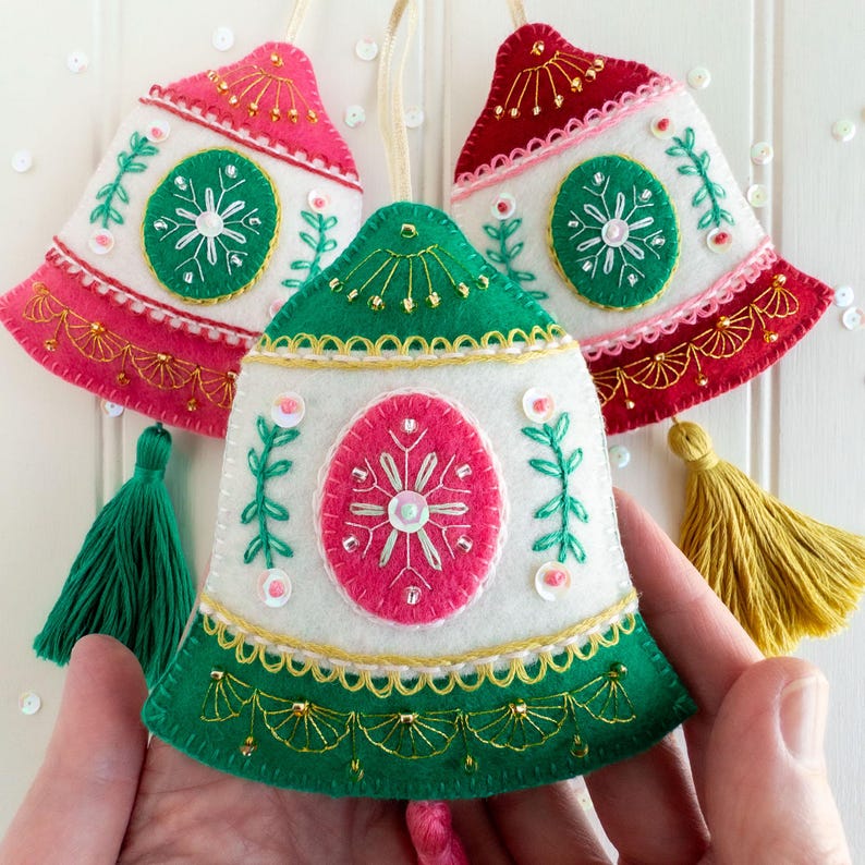 Felt Christmas Bells Embroidery Pattern, Set of Six DIY Holiday ...