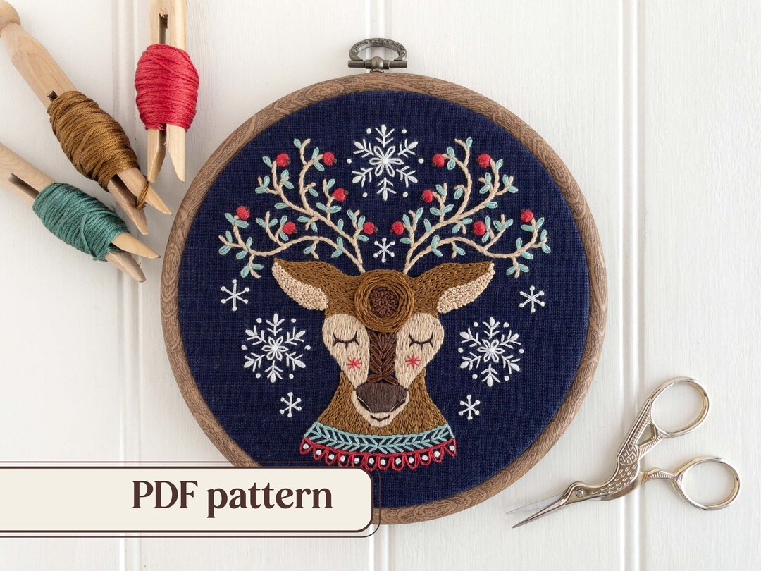 Christmas Reindeer Hand Embroidery Pattern, Sleepy Reindeer Embroidery ...