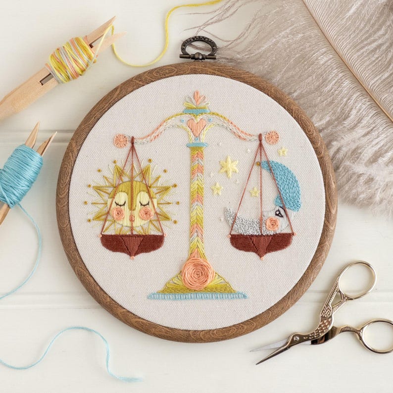 Libra Hand Embroidery Pattern, Boho-style Zodiac Design, DIY 6-inch ...