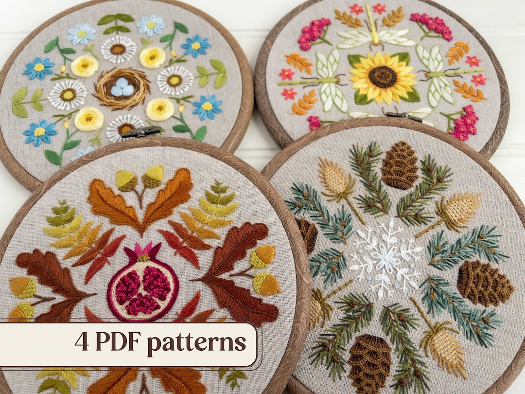 Four Seasons Embroidery Pattern Bundle, Seasonal Samplers, Botanical ...