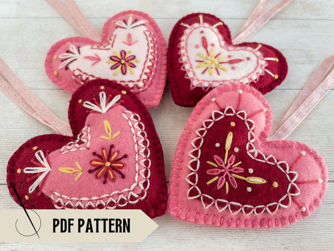 Embroidered Felt Hearts PDF Pattern, DIY Heart Ornaments, Valentines ...