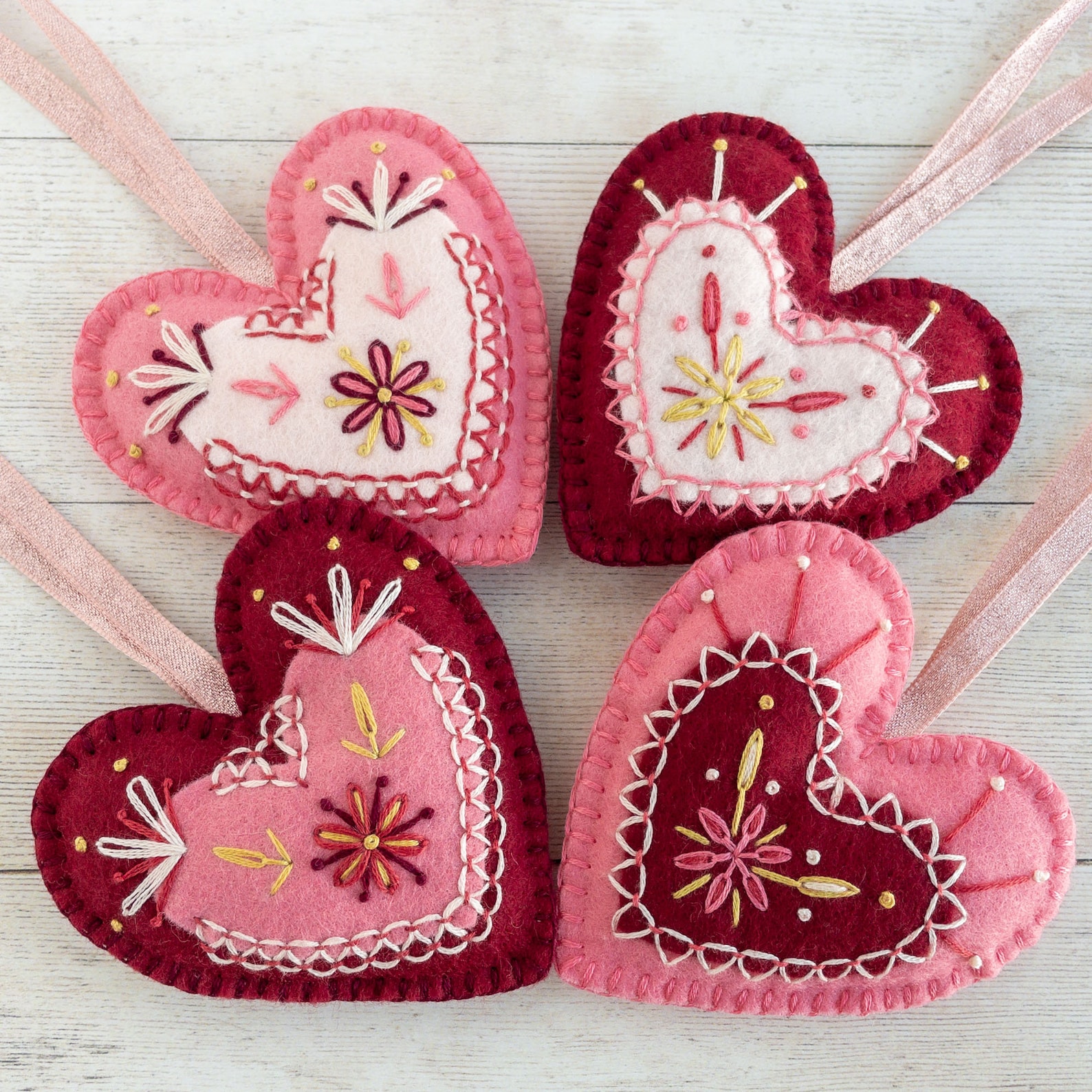 Embroidered Felt Hearts PDF Pattern, DIY Heart Ornaments, Valentines ...