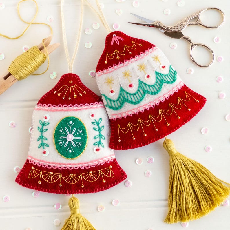Felt Christmas Bells Embroidery Pattern, Set of Six DIY Holiday ...