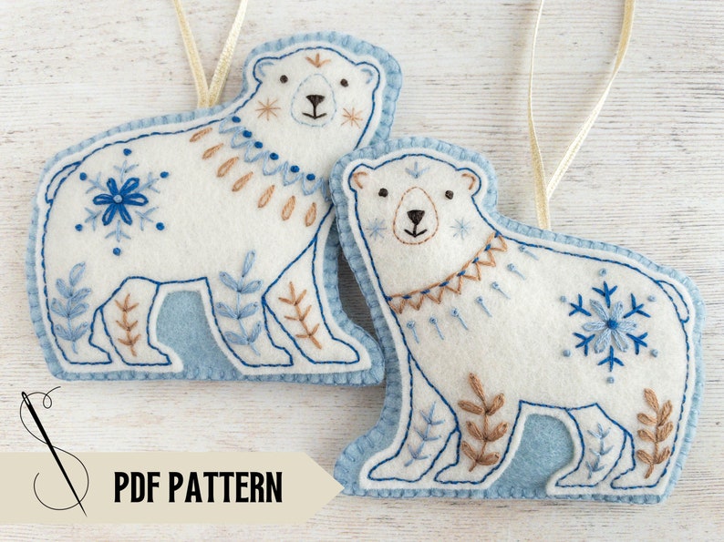 Felt Polar Bears Embroidery Pattern DIY Holiday Ornaments - Etsy UK
