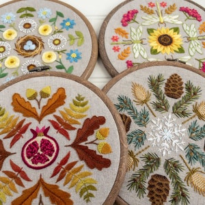 Four Seasons Embroidery Pattern Bundle, Seasonal Samplers, Botanical ...