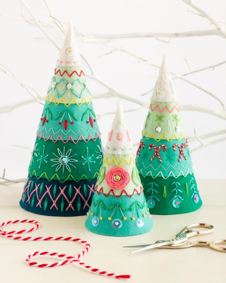 Felt Christmas Trees Embroidery Pattern, Set of Six Folk-inspired DIY ...