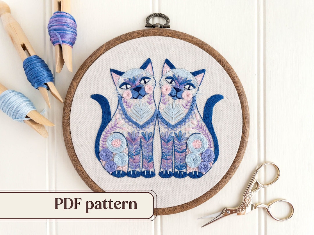 Cool Cats Hand Embroidery Pattern, Twin Cats Embroidery Design, Modern ...