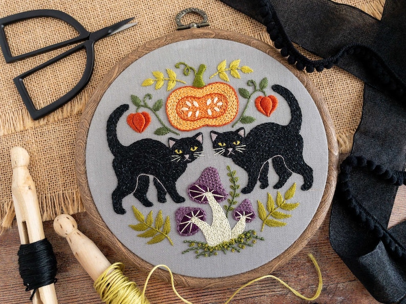 Black Cats Hand Embroidery Pattern, Spooky Cute Design With Pumpkin and ...
