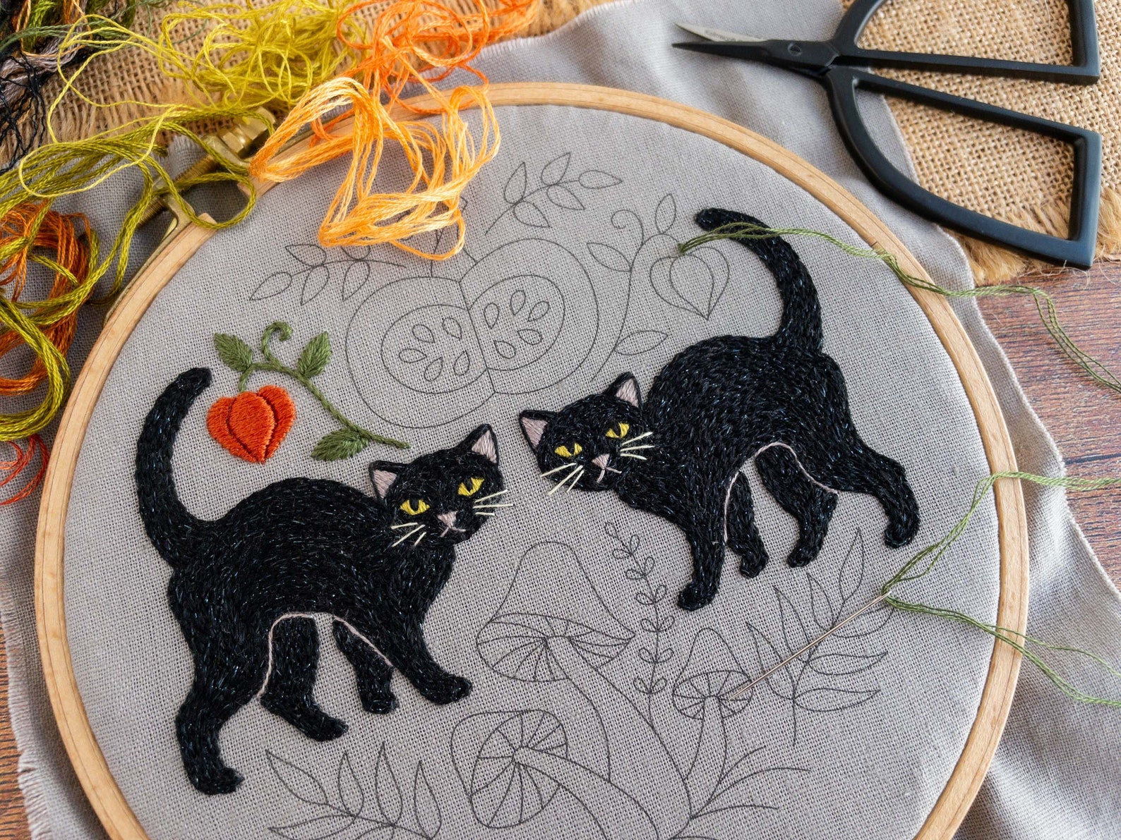Black Cats Hand Embroidery Pattern, Spooky Cute Design With Pumpkin and ...