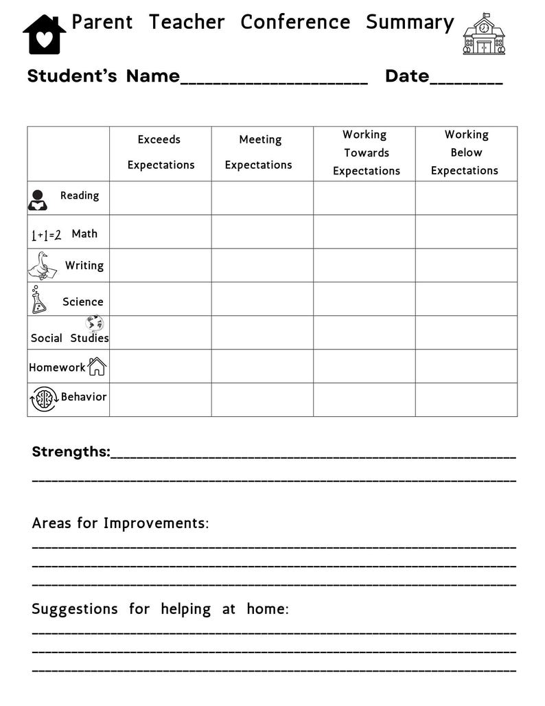 Parent Teacher Conference Summary Sheet | Editable Reminder Form ...