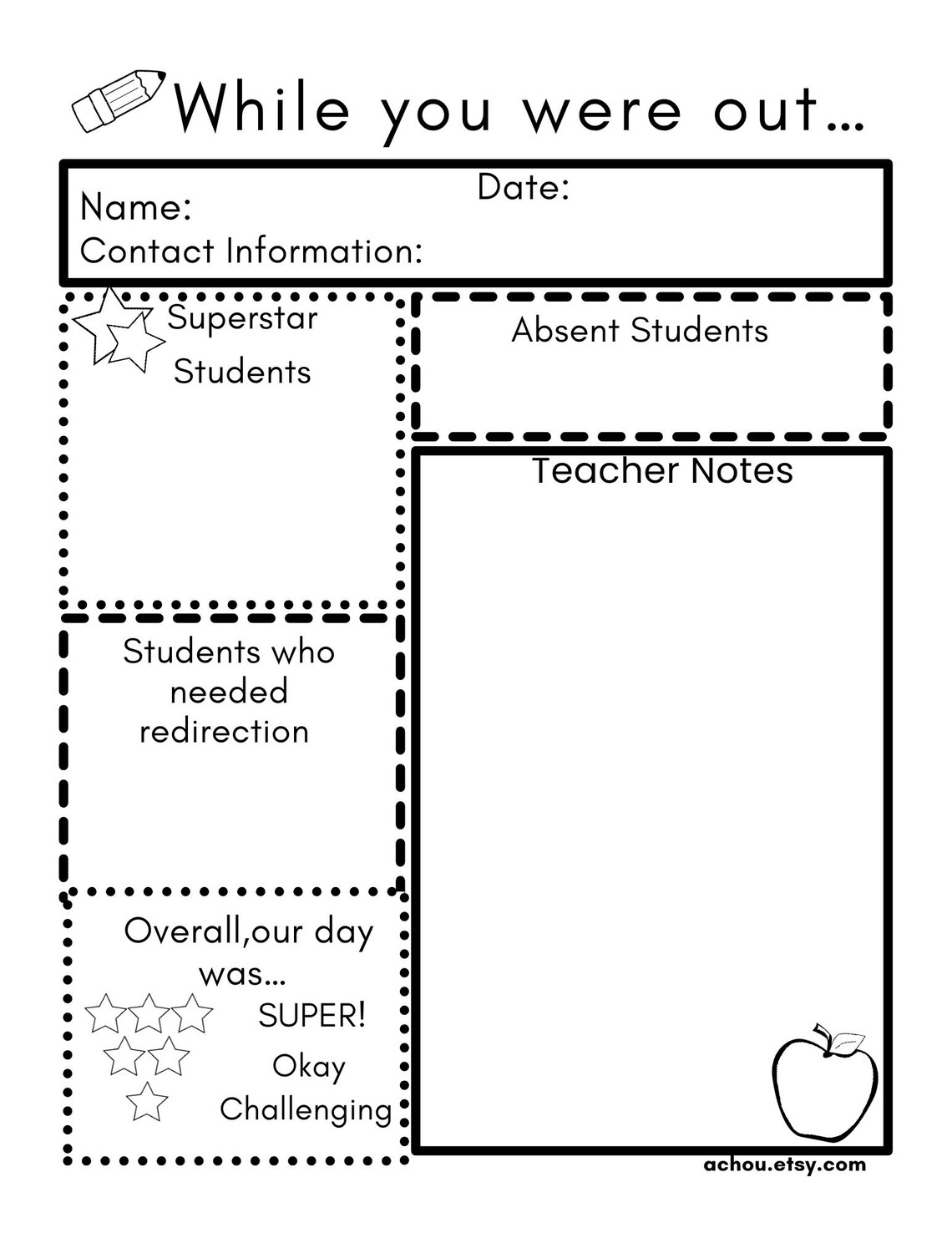 Sub Teacher Template - While We're Out & Quick Note From the Sub ...