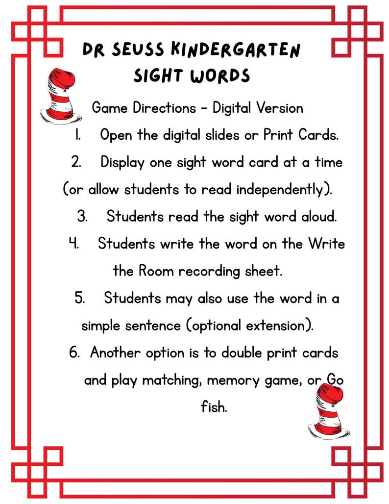 Dr. Seuss Sight Words Game – Read the Room Write the Room Activity ...