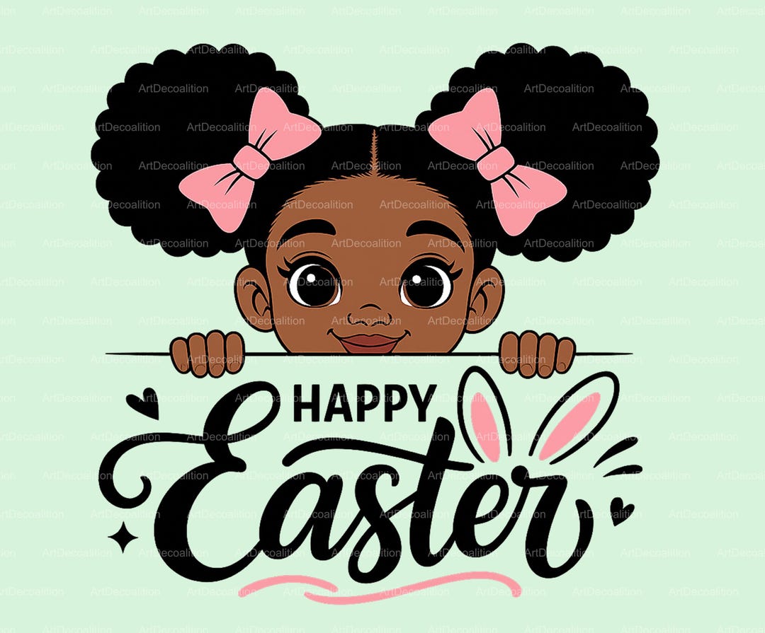 Happy Easter Black Girl Clipart | Afro Puffs With Pink Bows | Cute ...