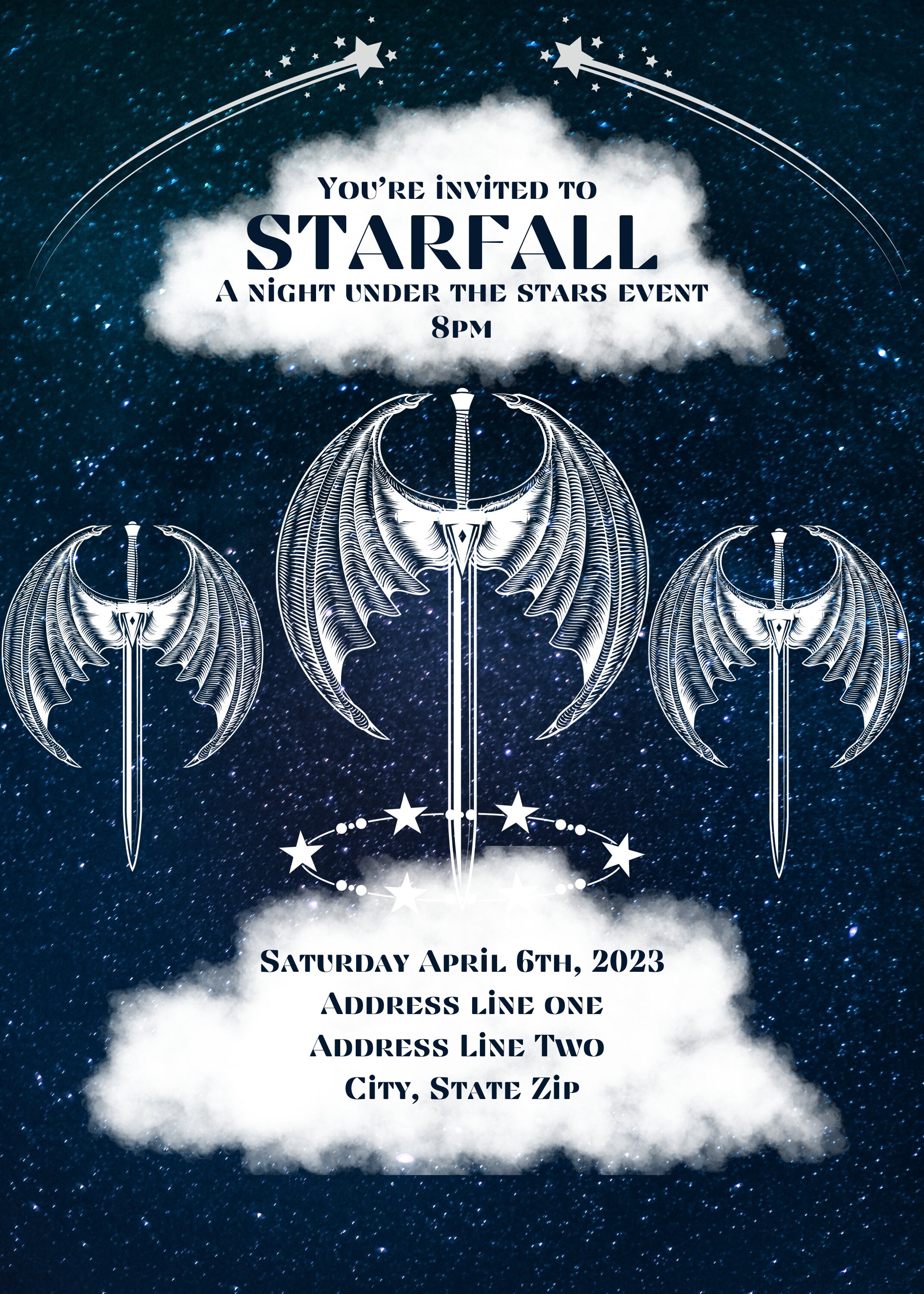 Starfall Starry Night Celestial Event Party Invite Invitation Wings Bat ...