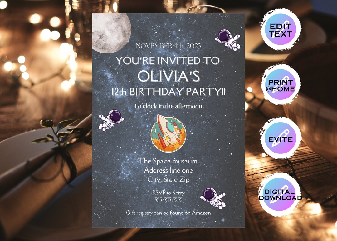 Space Birthday Any Age Exploration Invite Invitation Rocket Editable ...