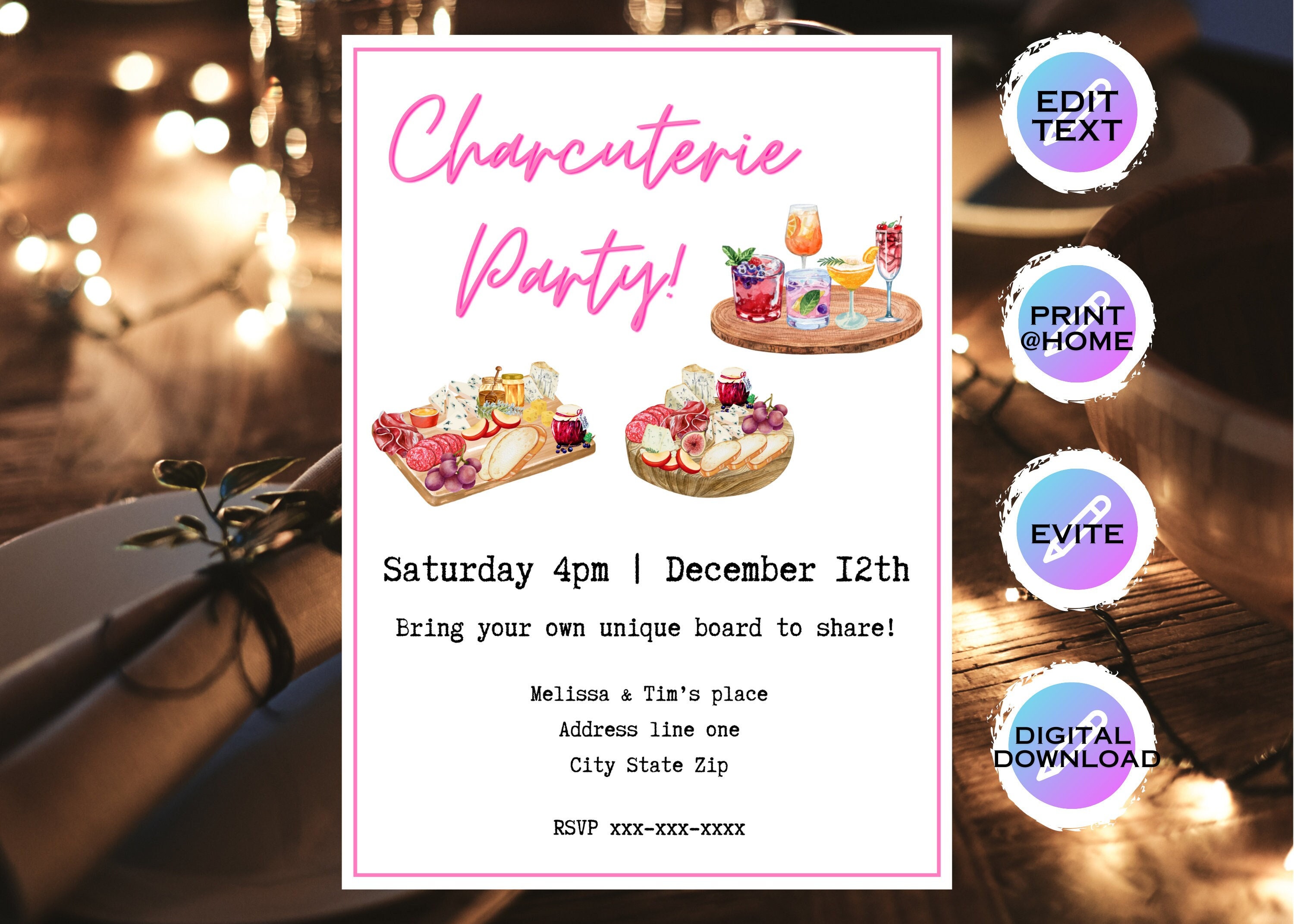 Charcuterie Party, Bring Your Own Board Girls Night Dinner Party Invite ...