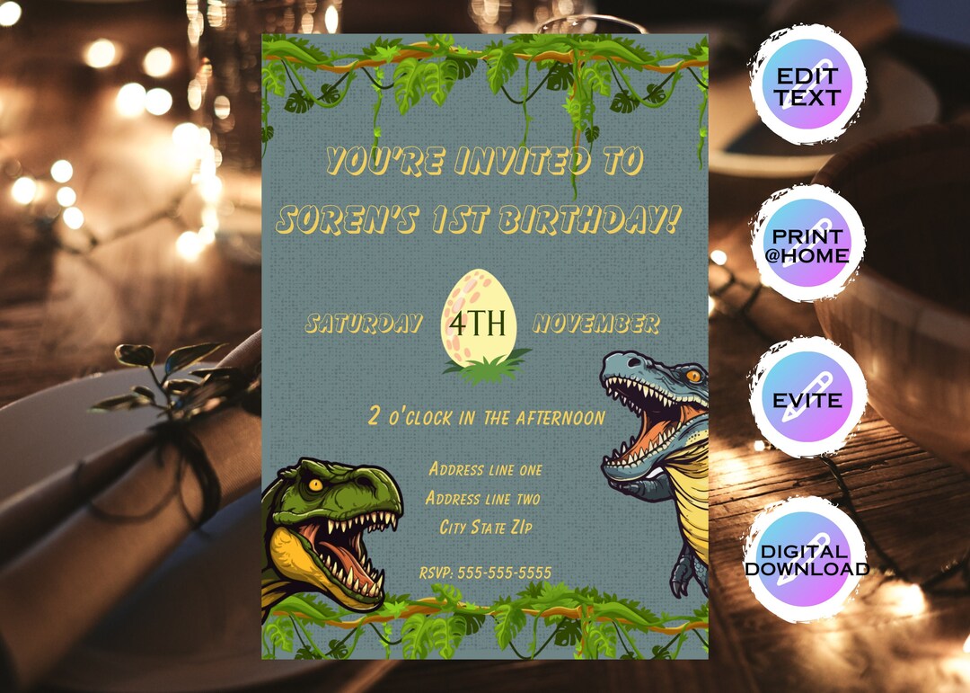 Dino, Dinosaur Birthday Invite Invitation Evite Editable Template ...
